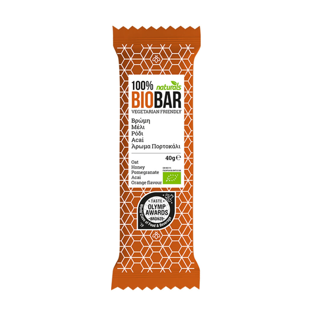 Bio Bar Βιολογική μπάρα βρώμης με Μέλι, ρόδι, acai και πορτοκάλι ...