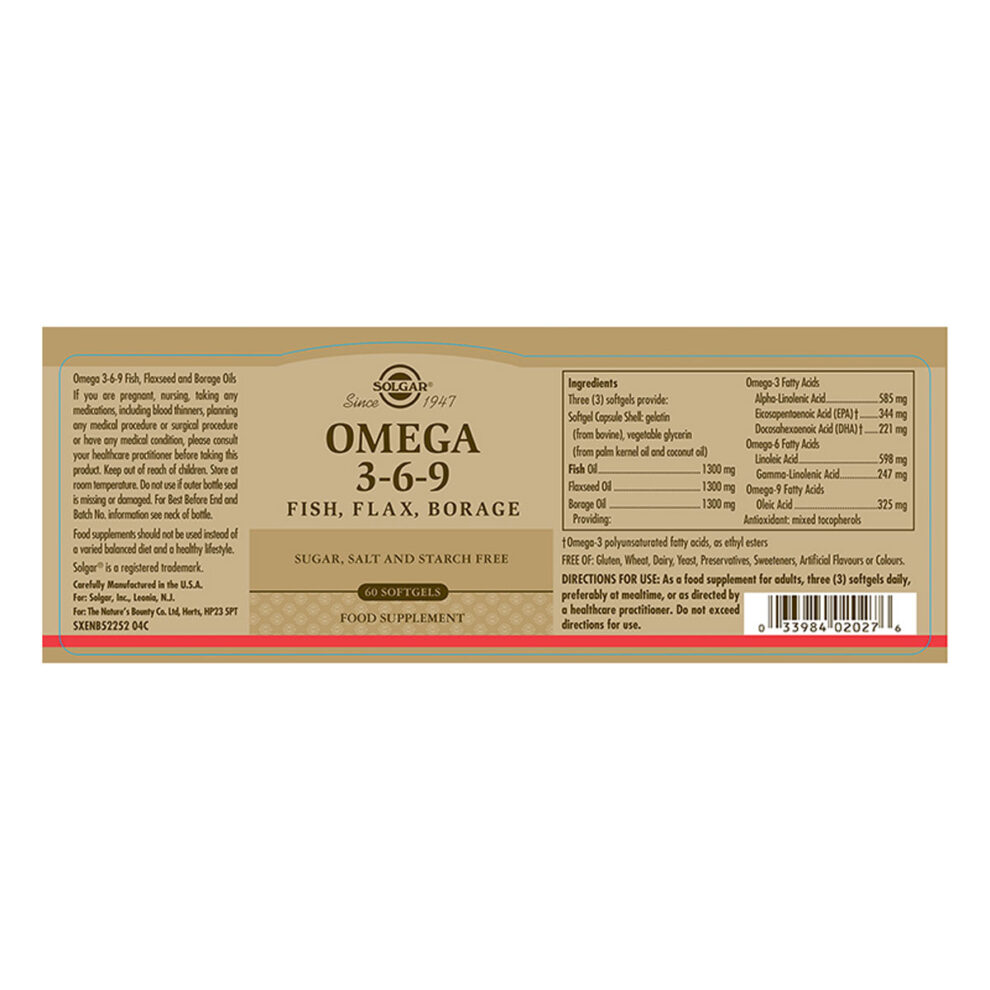 Omega 3-6-9 Fish, Flax, Borage Solgar 60 μαλακές κάψουλες » MonoBio.gr